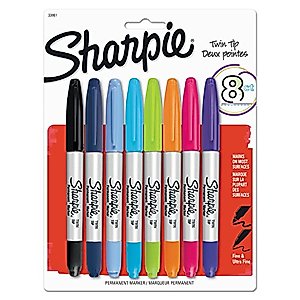 SHARPIE 33861Pp Twin-Tip Permanent Marker, Fine/Ultra-Fine Bullet Tips, Assorted, 8/Set