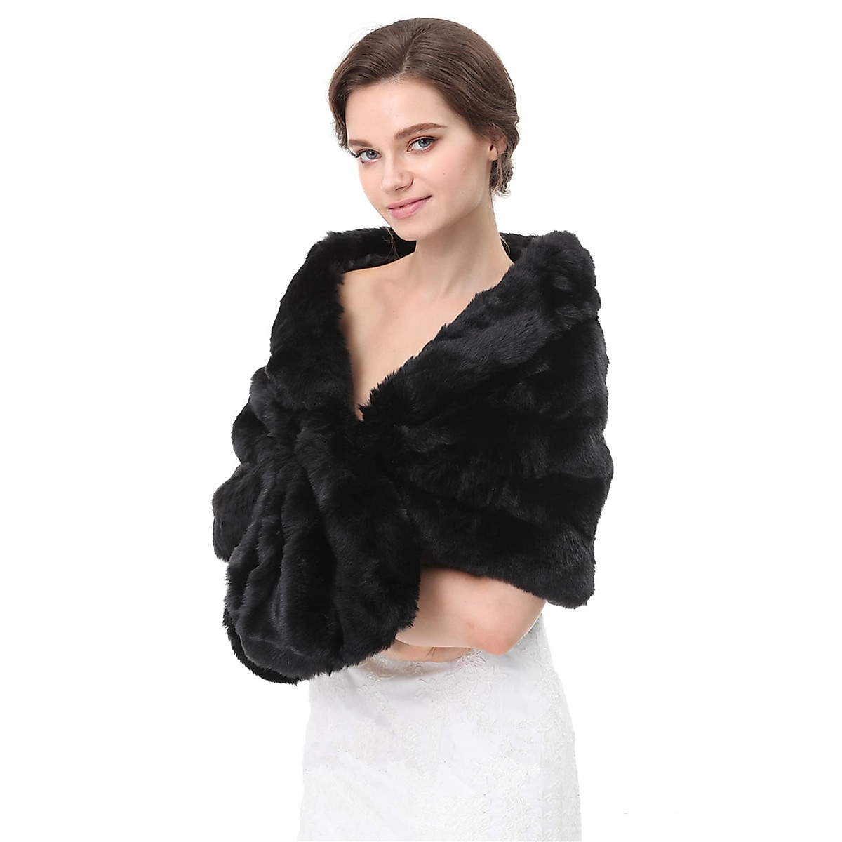 XMLMRY Faux Fur Shawl Women's Wrap Stole Shrug Luxury Winter Wedding Evening Party Bridal Bridesmaid Cover Up (Black, Lengthen)