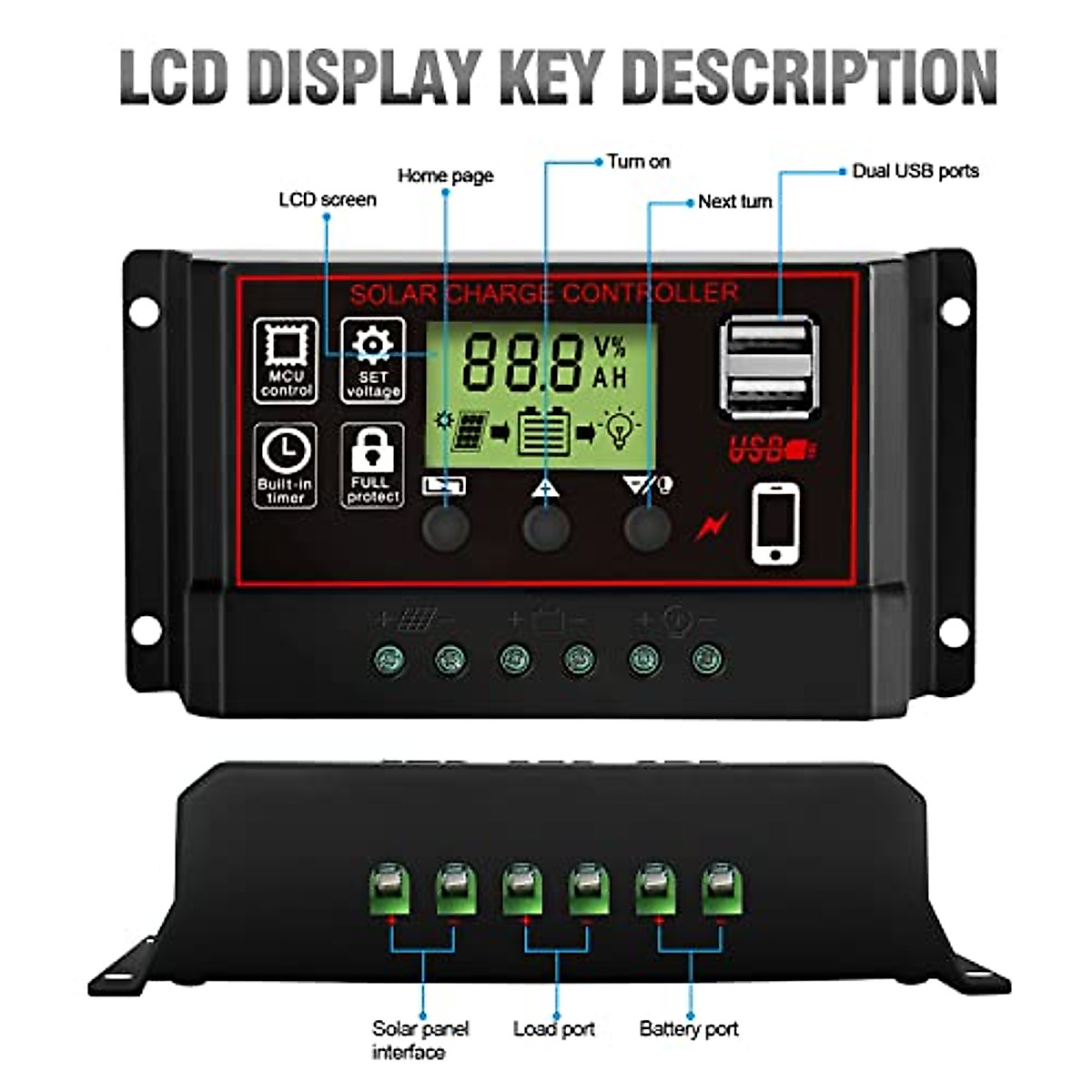 WERCHTAY 60A Solar Charge Controller 12v/ 24v PWM Solar Panel Charge Controller Intelligent Regulator with 5v Dual USB Port Display Adjustable Parameter LCD Display and Timer Setting ON/Off Hours
