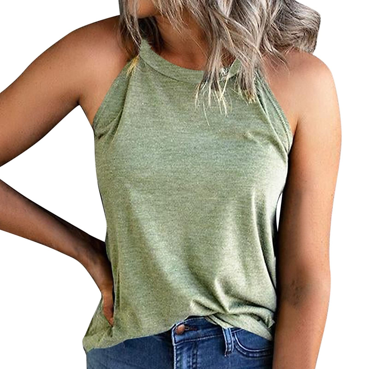 Aniywn Womens Halter Tops Casual Basic Solid Color Tee Shirts Summer Sleeveless Tops Loose Fit Racerback Yoga Tops Blouse Green