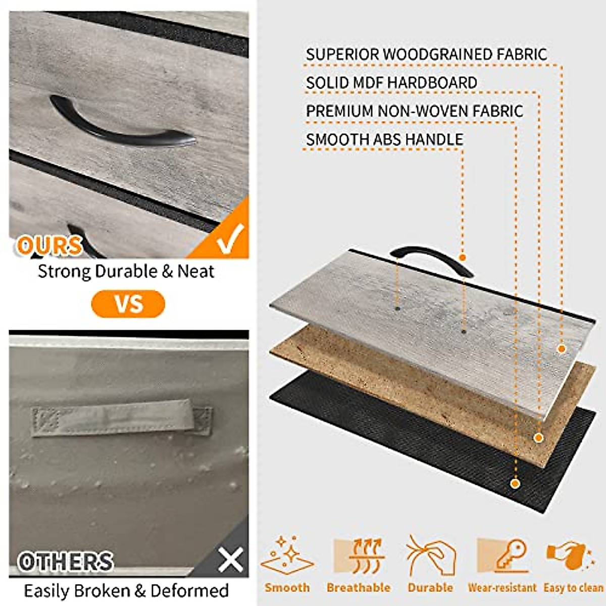 WELLJOYDIRECT Fabric Storage Drawer, Chest of Drawer Storage Tower, Tall Dresser for Bedroom,Hall, Entryway, Fabric Organizer Unit with Sturdy Steel Frame,Wood Top,4 Fabric Bins,Easy Pull Handle Gray