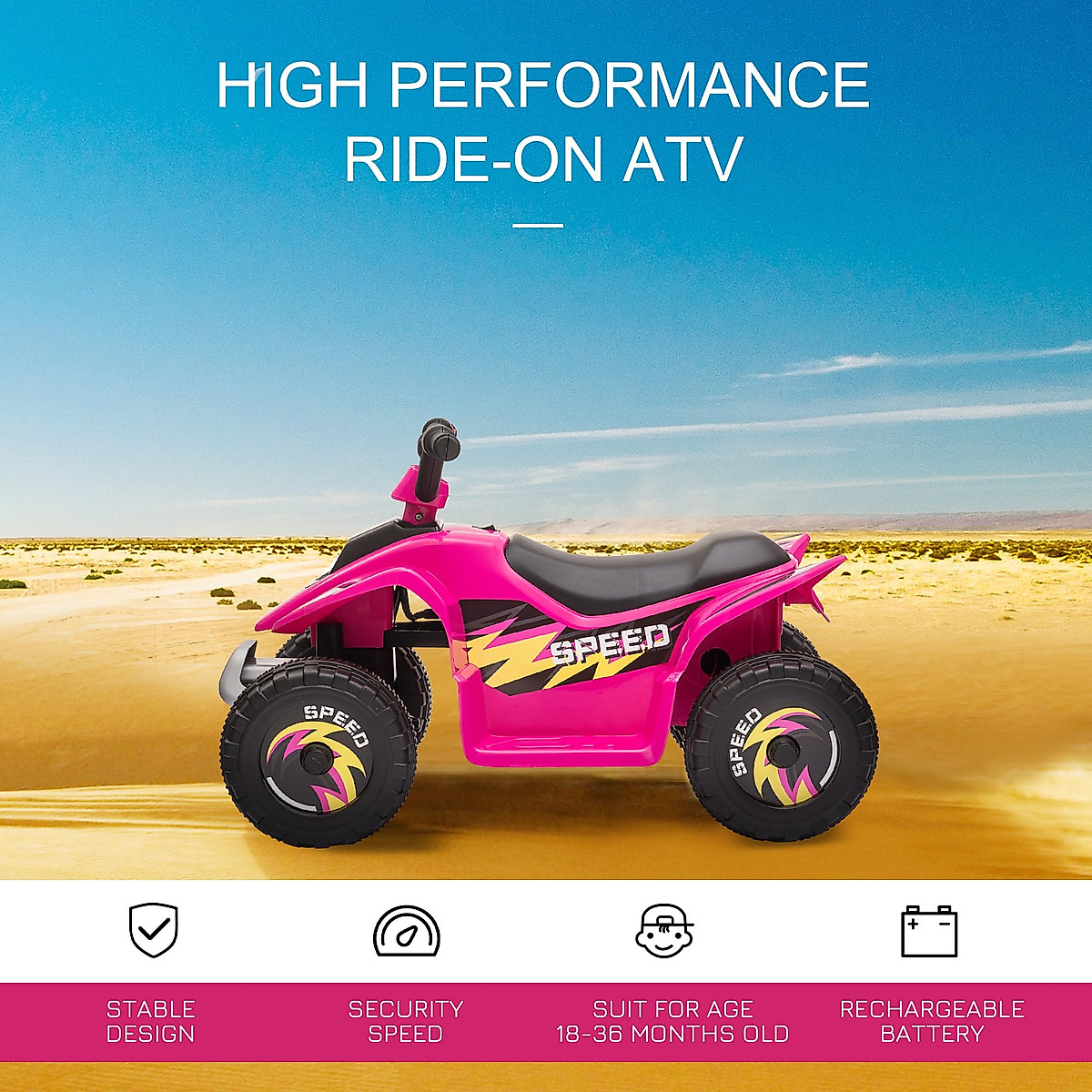 Aosom 6V Kids ATV 4-Wheeler Ride on Car, Electric Motorized Quad Battery Powered Vehicle with Forward/Reverse Switch for 18-36 Months Old Toddlers, Pink