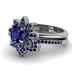 Jewelryonclick 925 Sterling Silver Ring Created Blue Sapphire Minimalist Flower Bridal Set Stacking Wedding Jewelry Easy to Wear Engagement Oranments for Womens Size : 6