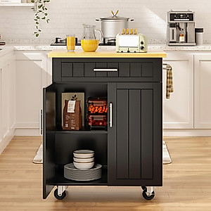 SUNLEI Kitchen Island on Wheels with Storage Cabinet & Drawer, 26" Width Rolling Kitchen Table, Cart Handle for Towel Rack or Free Mobility, Portable Islands for Kitchen, Dining Room(Black)