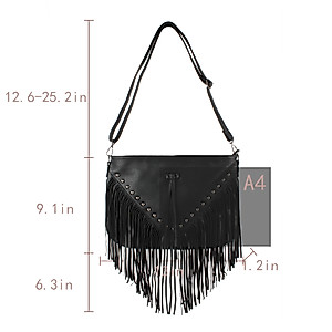 Hoce Women’s Leather Fringe Messenger Bag Hobo Crossbody Tassel Shoulder Bags, Black