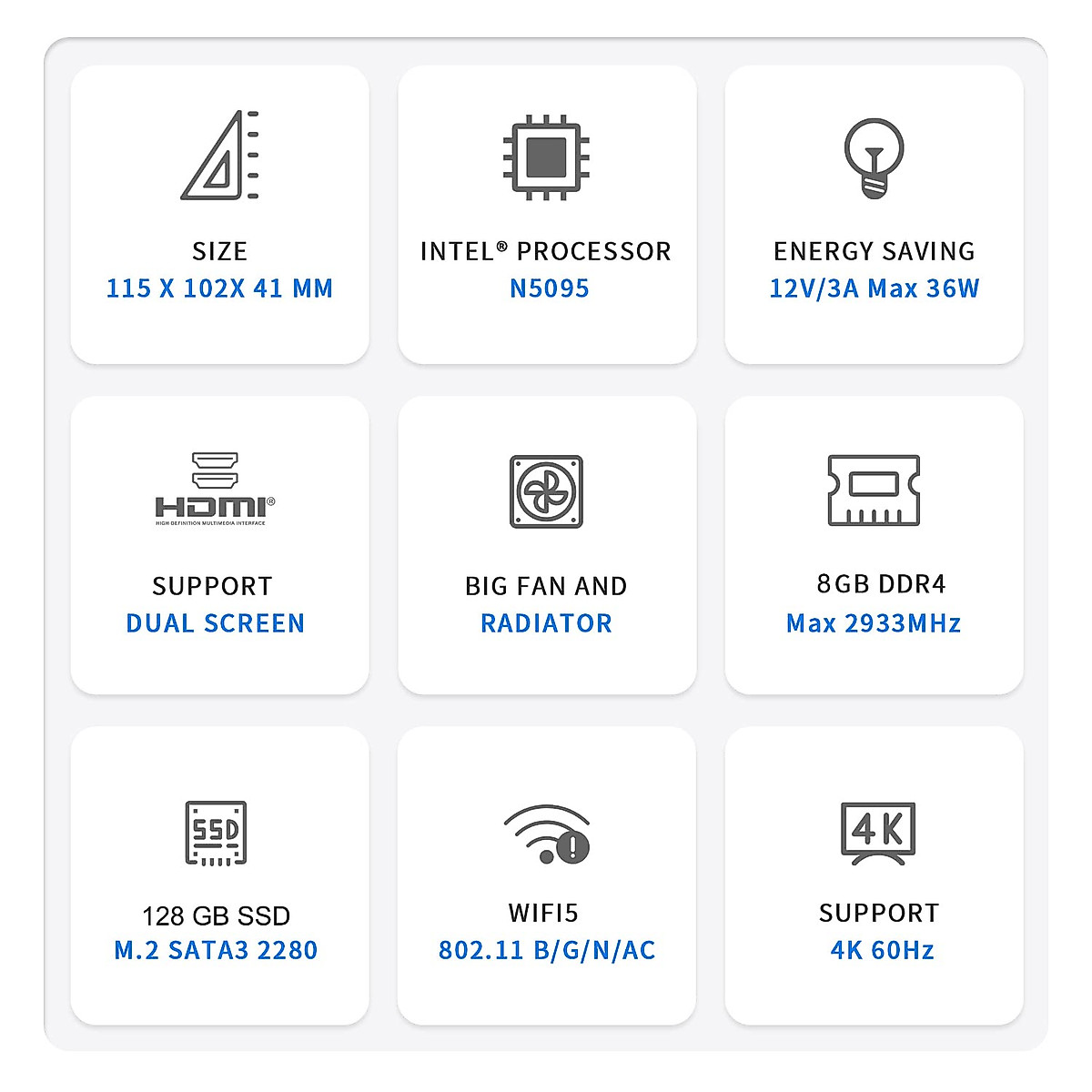 Beelink 11th Gen Processor N5095(2.0GHz to 2.9GHz), Mini S Mini PC with 8GB DDR4 + 128GB SSD, Mini Computer Supports 4K UHD Graphics/Dual HDMI / 2.4G + 5.0G WiFi5 / BT 4.0