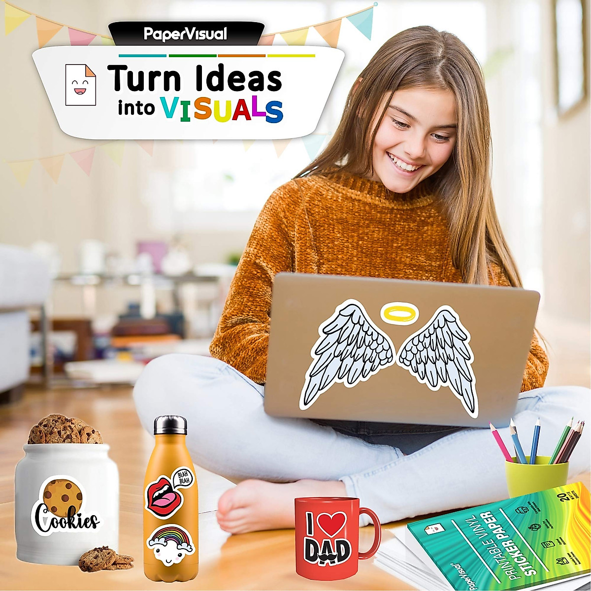 PAPERVISUAL Printable Permanent Vinyl Paper - 20 Sticker Sheets For Printer - Matte White Waterproof Sticker Paper - Thick Tear-Resistant Sticker Printer Paper - Laser, Inkjet Printable Sticker Paper