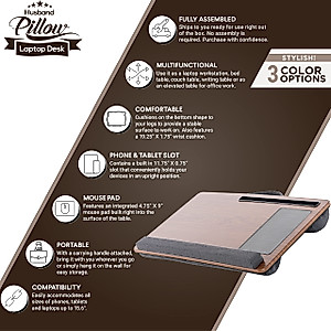 Husband Pillow Combo - Backrest Pillow with Arms : XXL Maroon & Foldable Laptop Tray : Brown - Memory Foam Reading Pillows for Bed w/Removable Neck Roll & Laptop Bed Tray Table