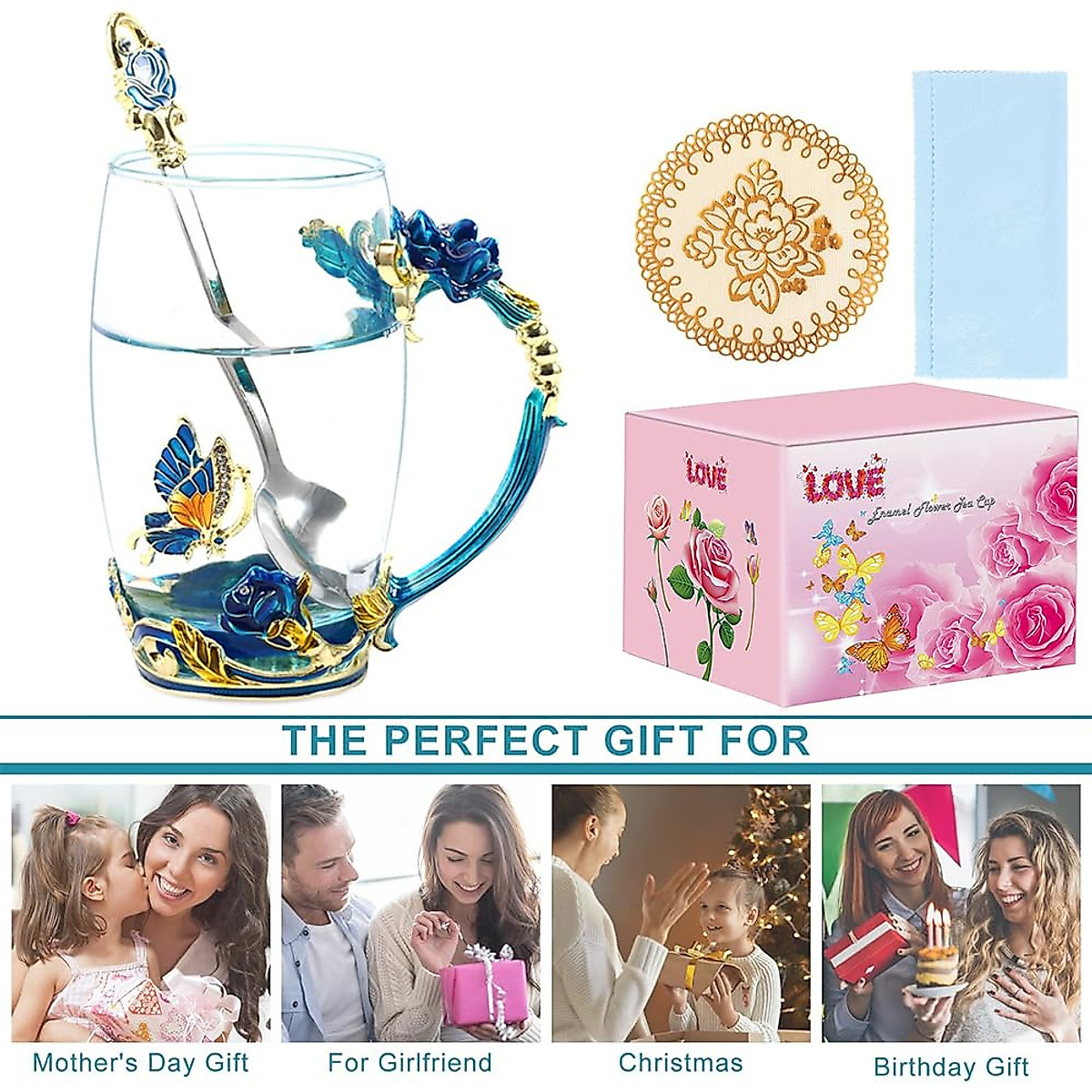 DasyFly Birthday Gifts For Women,Butterfly Flower Glass Tea Cup Sky Blue Rose Coffee Mug For Women Mom Wife Sister Coworker Female Friend on Anniversary Valentines Mothers day Christmas Presents