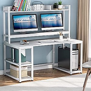 Tribesigns 55 Inches Computer Desk with Hutch and Monitor Stand Riser, Rustic Industrial Desk Computer Table Studying Writing Desk Workstation with Storage Shelves Bookshelf for Home Office (White)
