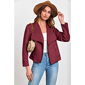 PRETTYGARDEN Women Cropped Jackets 2024 Fall Long Sleeve Faux Suede Leather Coats with Pockets (Wine Red,Large)