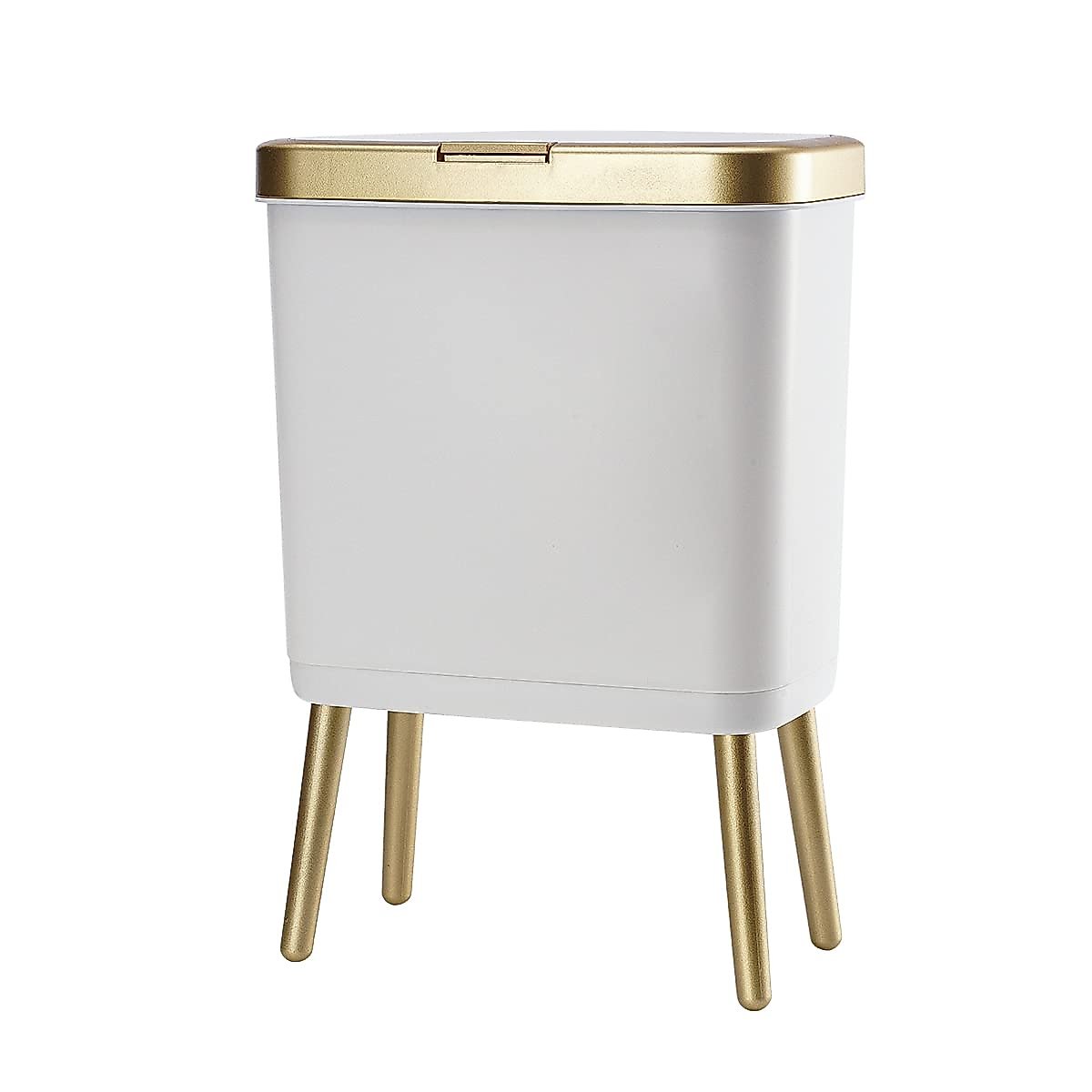 Procade Bathroom Trash Can with Lid, Plastic Garbage Can with Lid, 4 Gal Gold Trash Bin with Push Button, Narrow White Trash Can Waste Basket for Bedroom, Living Room,Office，Dog Proof Trash Can