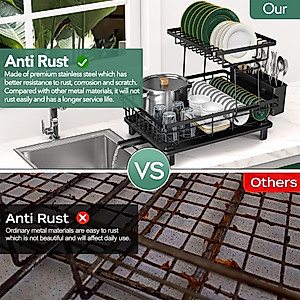 ROTTOGOON Large Dish Drying Rack, 2-Tier Stainless Steel Dish Racks for Kitchen Counter, Durable Dish Drainer with Drainboard, Drainage, Utensil Holder for Various Kitchenware, Black