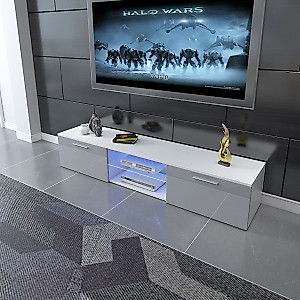 COSVALVE TV Stand for Living Room with LED & Grey Doors, Modern Television Stands for 70 Inch TV, High Gloss Entertainment Center with Storage, Media Console Table with Display Shelves