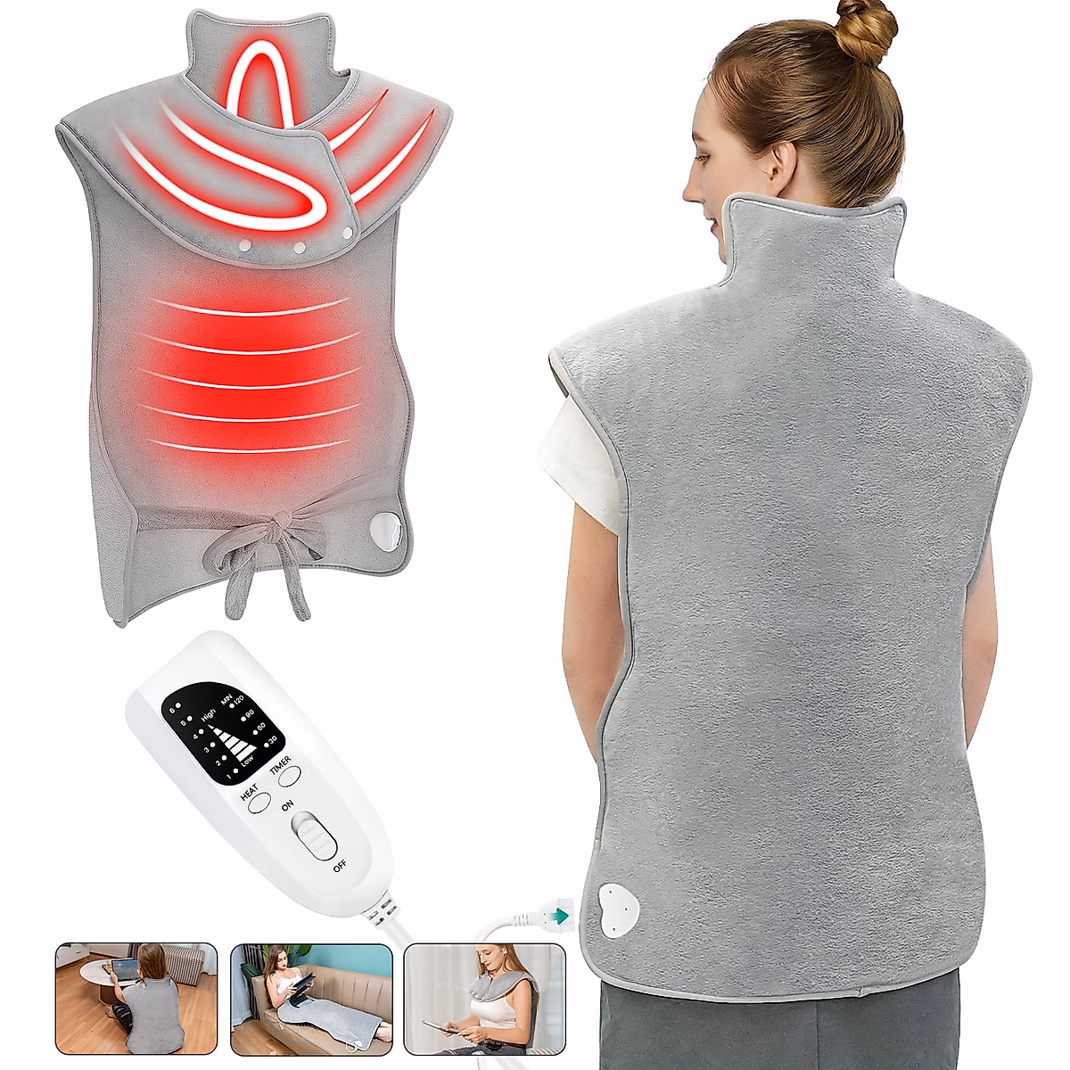 Heating Pad for Back Pain Relief, 22"x 37" Large Heating Pad for Neck and Shoulders, Heat Pad with 6 Heat Settings & 4 Time Settings Auto-Off, Gifts for Women Men Mom Dad (Gray)