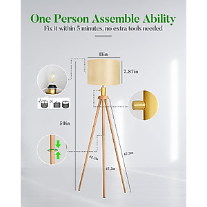 Dimmable Tripod Floor Lamp, Mid Century Standing Lamp with 0%-100% Brightness LED Bulb Beige Linen Drum Shade, E26 Socket, Bedside Lamp, Wooden Floor Lamp for Living Room, Bedroom, Office