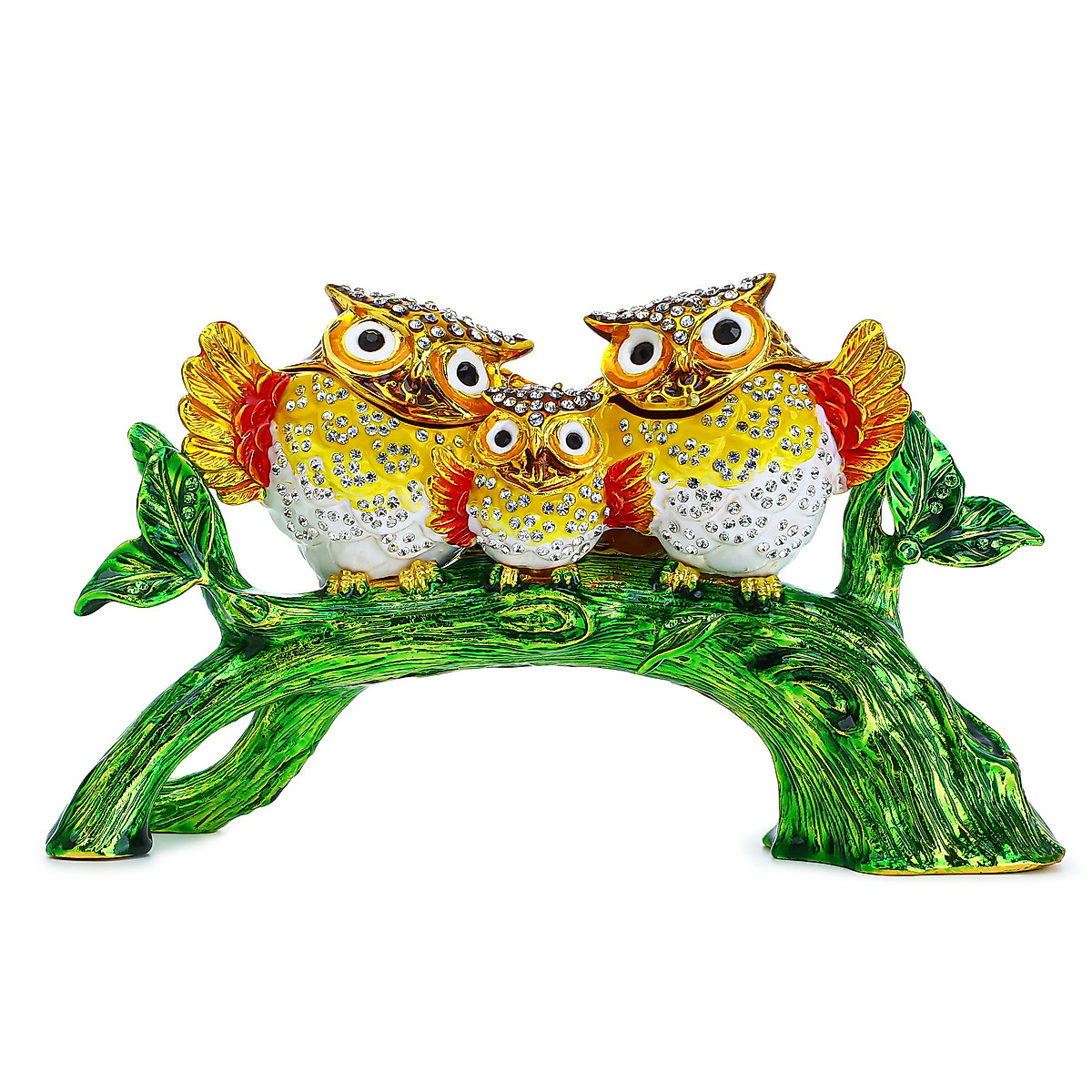 YU FENG 6.9inch Hand-painted Enamel Owl Family On Branch Figurine Trinket Box Collectible Hinged Jewelry Organizer Ring Earrings Storage Unique Home Decor Gift
