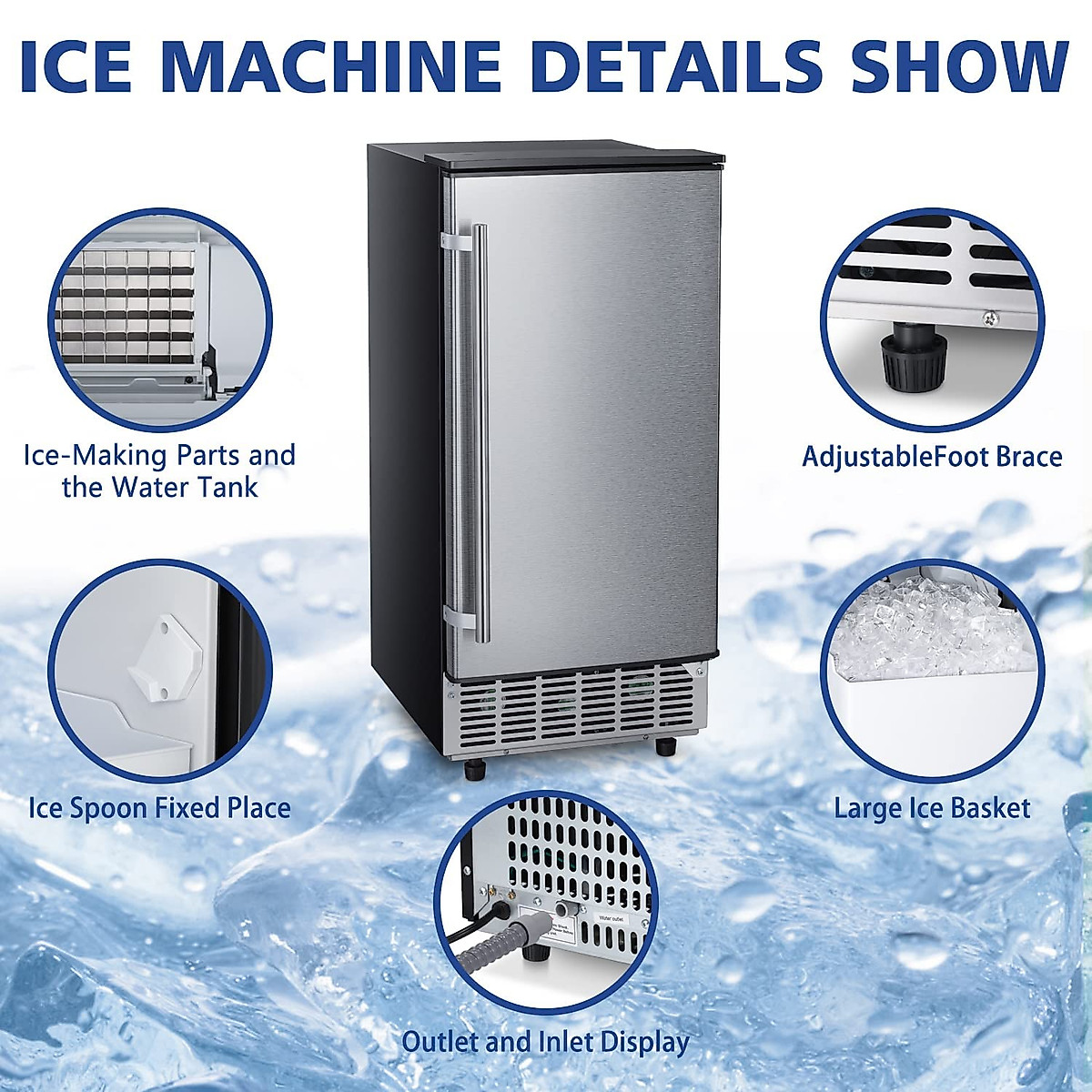 Commercial Ice Maker Machine,Under Counter Ice Machine with 80 Lbs/Day,Stainless Steel Under Counter Freestanding Commercial Clear Cube Ice Maker for Bar,Kitchen,Party