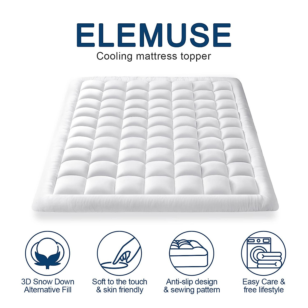 ELEMUSE Cooling Blue Queen Dual Layer Mattress Pad Cover, Cool-to-Touch Fitted Sheet Plus Soft Mattress Topper for Hot Sleepers, Supportive Pillowtop Mattress Protector with Fluffy Filling