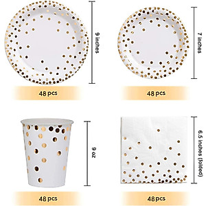 hapray 193 PCS Disposable Paper Plates Gold Party Supplies, Golden Polka Dots Birthday and Baptism Decorations, include Plates and Cups, Napkins, Plastic Tablecloth for Baby Shower Wedding Christmas