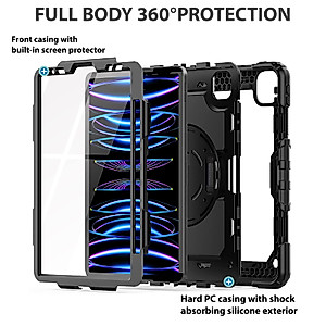 Timecity Case for iPad Pro 11 inch (1st, 2nd, 3rd, 4th Generation), Heavy Duty Rugged Protective Case with Built-in Screen Protector, Pencil Holder, 360 Rotating Stand&Handle, Shoulder Strap- Black