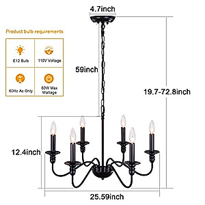 Black Chandelier, TMMAYSUN 6-Light Farmhouse Candle Hanging Light Fixture, Adjustable Height Rustic Chandeliers Pendant Lights Matte Black Chandelier for Dining Room Living Room Bedroom Kitchen Island