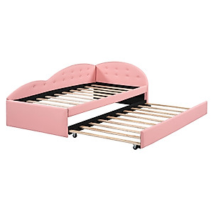 Acosure Twin Size PU Upholstered Tufted Daybed with Trundle and Cloud Shaped Guardrail,Wood Sofa Bed Frame,Full Pull Out Bed for Bedroom,Livingroom,Pink
