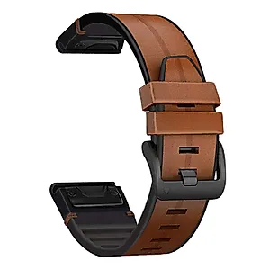 Abanen Genuine Leather Watch Band, QuickFit 22mm, Soft Sweatproof Silicone for Garmin Fenix 6/5/7, Instinct, EPIX 2, Approach S62/S60, Brown