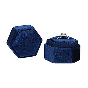 BLUTETE Hexagon Velvet Jewelry Single Slot Ring Box Engagement Wedding Box Keepsake Box Bridal Photo Ring (Navy)