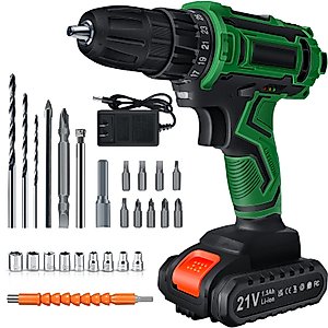 Cordless Drill Driver Set 21V, Power Drill Cordless 23PCS with Batteries 1500mAh, 25+1 Torque Hammer Drill, 3/8" Chuck, 2 Speed, 0-600 RPM/0-1300 RPM Variable Speed, LED Light for Home