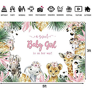 Jungle Safari Baby Shower Backdrop for Girls Wild Animals A Sweet Baby Girl is On Her Way Baby Shower Party Decorations Floral Greenery Photography Party Cake Table Photography Background 5X3Ft