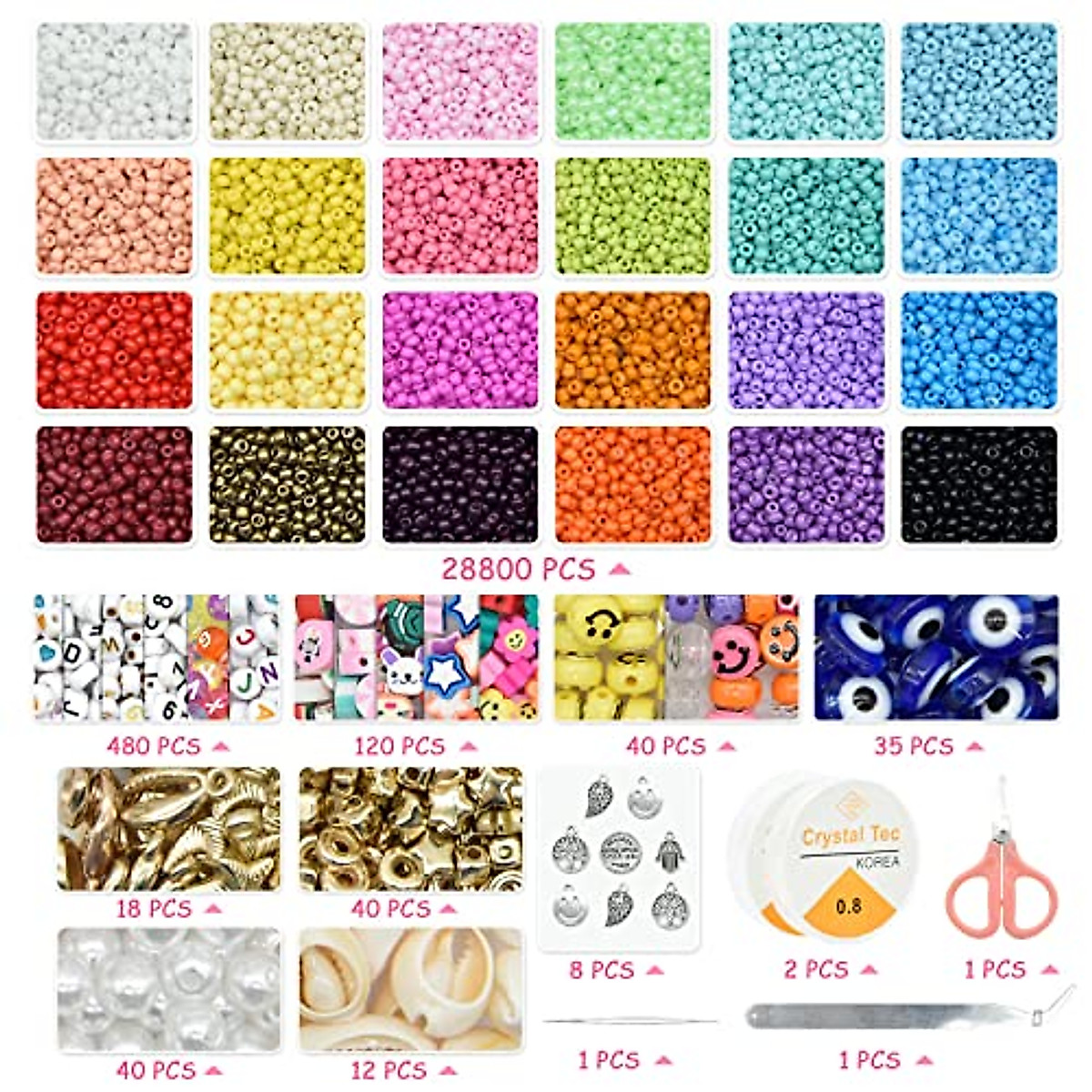 JOJANEAS 28800pcs 2mm Glass Seed Beads for Jewelry Making Kit 24 Colors Bracelet Making Kit Tiny Beads Set,Necklace Ring Making Kits