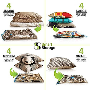 16 Pack Vacuum Storage Bags, Space Saver Bags (4 Jumbo/4 Large/4 Medium/4 Small) Vacuum Sealer Bags for Clothes Storage with Travel Hand Pump