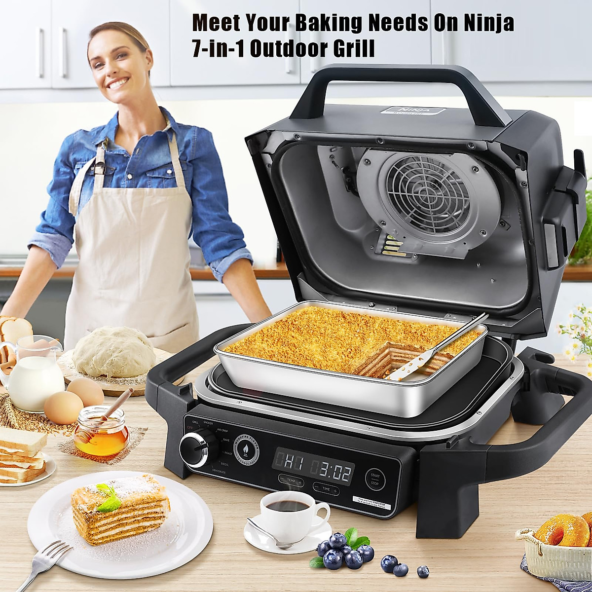 GRILL FORCE Grill Stand + Baking Sheet Set for Ninja Woodfire Grill,Collapsible Outdoor Grill Cart304 Stainless Steel Baking Pan Fit for Ninja Woodfire Outdoor Grill (Ninja OG701)