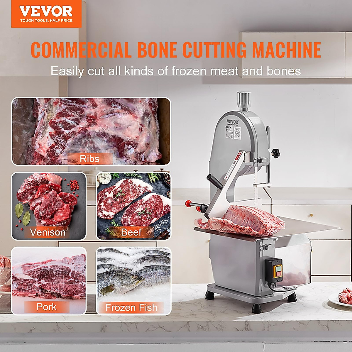 Commercial Electric Meat Bandsaw, 1100W Stainless Steel Countertop Bone Sawing Machine, Workbeach 19.3" x 15", 0.16-7.9 Inch Cutting Thickness, Frozen Meat Cutter with 6 Blades for Rib Pork Beef