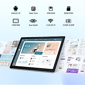 Mouikei 10 inch Tablet Android 12 Tablets, Quad-Core Tablet PC, 32GB ROM 128GB Expand, 1280x800 HD Touch Screen, 5000mAh, Dual Speaker, Bluetooth, WiFi, Dual Camera, GPS, Silver