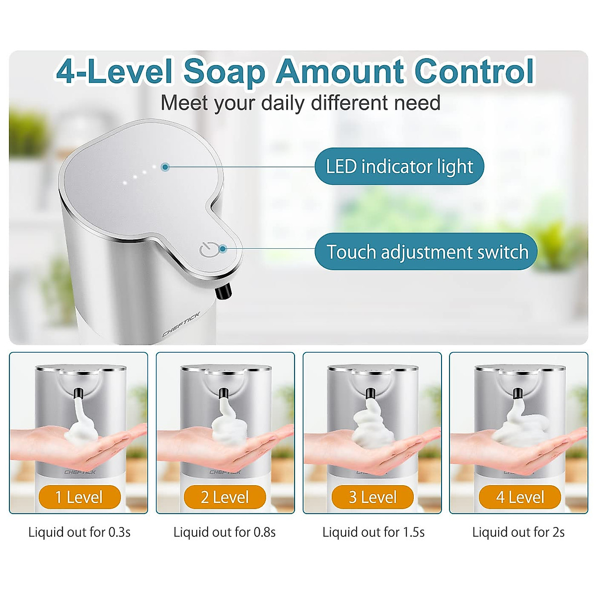 Cheftick Soap Dispenser, Automatic Foaming Soap Dispenser with 4 Adjustable Volume Control, Touchless Rechargeable Hands Free Auto Soap Dispenser for Kitchen, Bathroom, Hotel, Restaurant,13.5oz/ 400ml