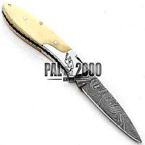 PAL 2000 HUNTING KNIVES FOL-9794 Handmade Damascus Steel Folding Pocket Knife With Leather Sheath