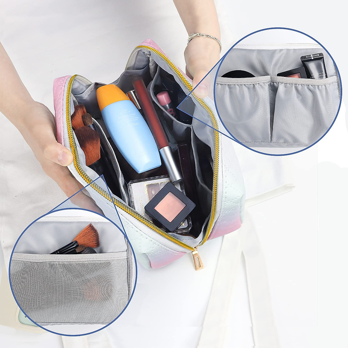 Aosbos Small Makeup Bag Travel Size Makeup Bag Cosmetic Travel Bag Makeup Bags for Women Makeup Pouch Cute Make Up Bag for Purse Gradient White Pink