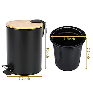 Aupekro Round Metal Trash Can with Bamboo lid and Pedal 5 Liter Garbage Container Bin with Removable Inner Wastebasket for Bathroom, Bedroom, Kitchen, Office (Black)