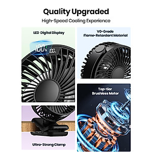 TOPK Portable Clip on Fan, 5000mAh Small Rechargeable Fan, Battery Operated, 4 Speeds, 720° Rotation, Ultra-Quiet, Personal Cooling Desk Fan for Bedroom/Office/Stroller/Golf/Library/Travel/Camping