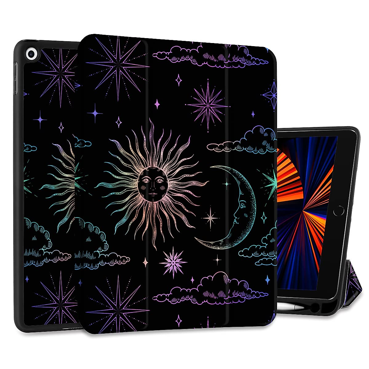 DONGKE Case Compatible with iPad 10.2 Inch 2021 2020 2019 iPad 9th/8th/7th Generation with Pencil Holder, Slim Stand Protective Case with Soft TPU Back, Auto Sleep/Wake Cover, Sun & Moon