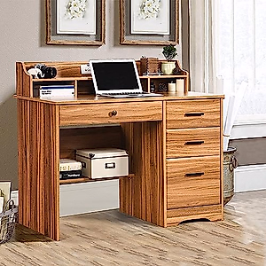 Computer Desk with 4 Drawers and Storage, Small Office Desk with File Drawers and Hutch, Farmhouse Wood Writing Student Table for Home Office, Bedroom, Rustic Brown
