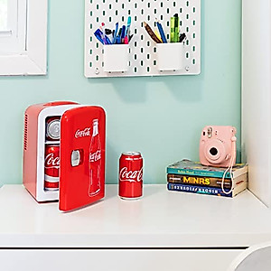 Coca-Cola Classic Coke Bottle 4L Mini Fridge for Bedroom 6 Can Portable Cooler, Personal Travel Refrigerator for Snacks Lunch Drinks Cosmetics, Desk Home Office Dorm, Red