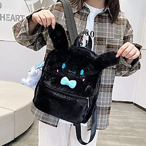 Kawaii fluffy plush fuzzy cute aesthetic backpack teenage school gift for birthday Christmas Winter (black)