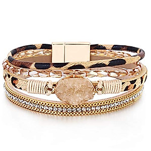 FANCY SHINY Leather Wrap Bracelet Boho Cuff Bracelets Crystal Bead Bracelet with Clasp Jewelry Gift for Women Teen Girls(7.7", Tan Leopard)