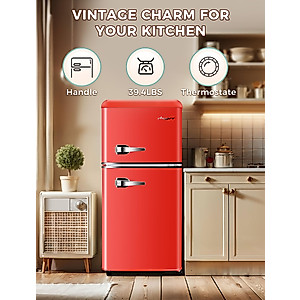 Anypro 3.2 Cu.Ft Refrigerator, Retro Double Door Fridge with Freezer, 7 Adjustable Temperature Settings, Removable Glass Shelves for Dorm, Office, Bedroom, Apartment, Red