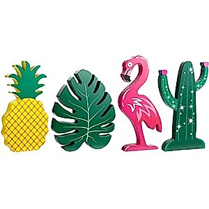 Summer Wooden Signs Hawaii Luau Party Wooden Blocks Summer Home Decorations Tropical Cactus Flamingo Pineapple Monstera Wood Table Centerpiece for Summer Home Table Luau Party, 4 PCS