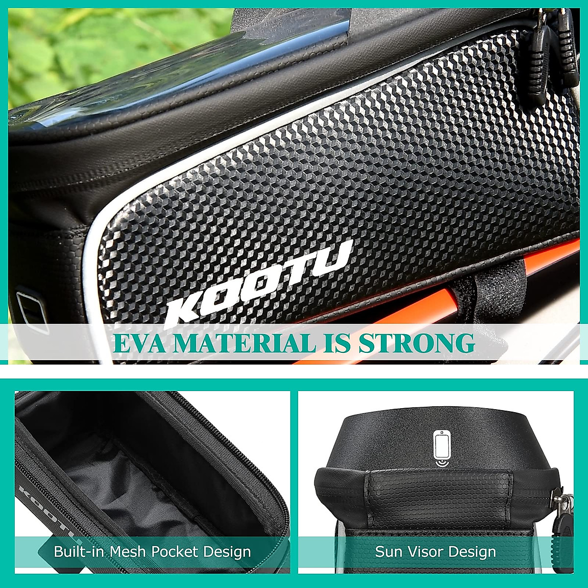 KOOTU Top Tube Front Storage Case,Bike Cell Phone Holder Pouch Bag with TPU Touch-Screen and Sun-Visor,Waterproof Bike Phone Mount for Smartphone Under 6.5"