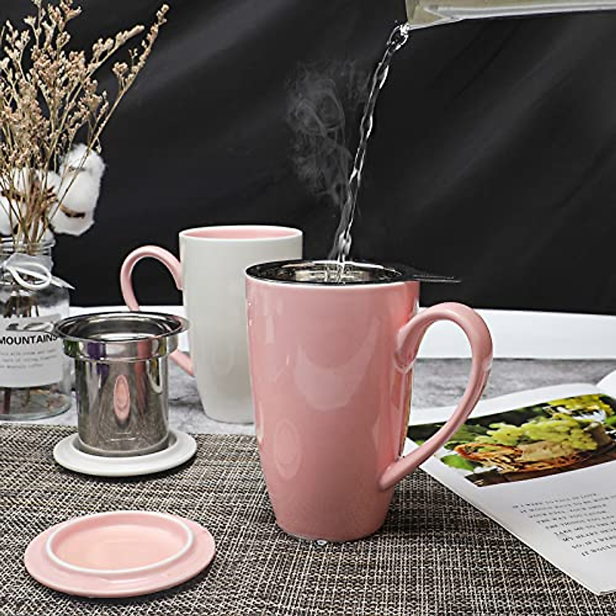 amhomel Porcelain Tea Mug with Infuser and Lid, 16 Ounce Ceramic Tea Cup for Loose Leaf, Coffee, Cocoa and Milk, Tea Gift for Tea Lovers, Set of 2(Pink and White)